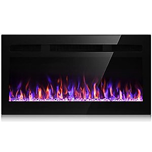 LITSDFM 31 Inch Electric Fireplace, Recessed and Wall Mounted Fireplace, Fireplace Heater and Linear Fireplace, with Timer, Remote Control, Adjustable Flame Color, 750/1500W, Black