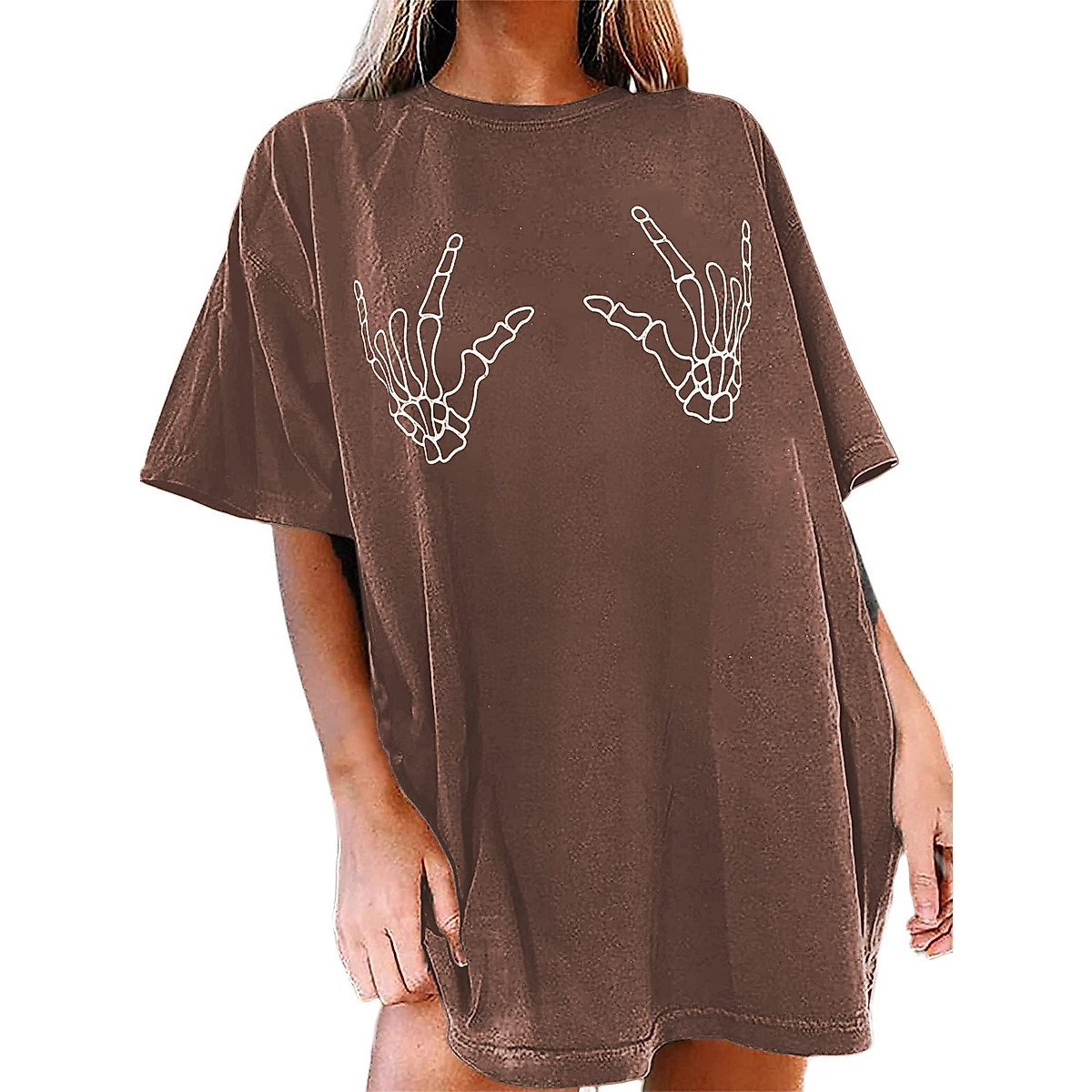 Avanova Women Skull Print Graphic Oversized Tees Vintage Skeleton Hands Loose Fit T Shirt Brown Small
