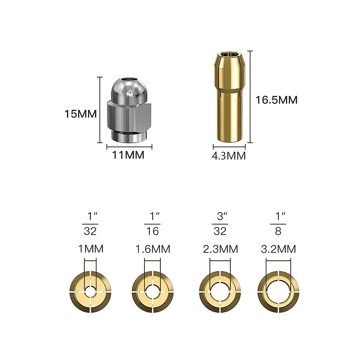 Collet Set for Dremel, 10Pcs Replacement 4485 Brass Quick Change Rotary Drill Nut Tool Set (1/8" x 2, 3/32" x 2, 1/16" x 2, 1/32" x 2）
