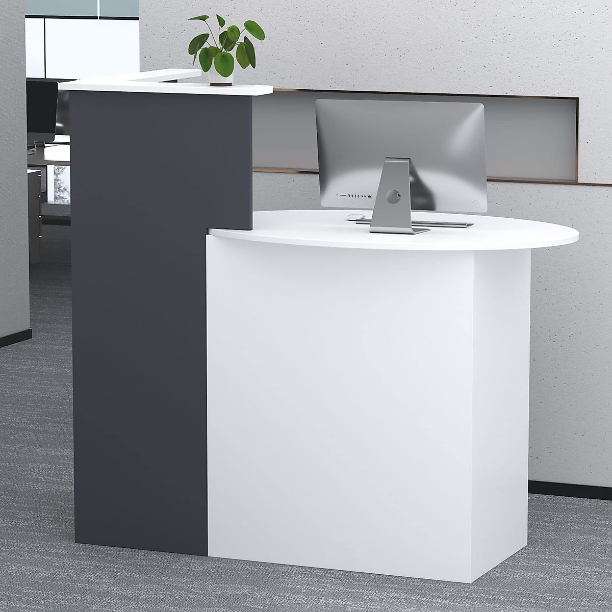 DiDuGo Reception Counter Desk Retail Front Reception Desk for Checkout, Round Desktop, Open Shelves, Lockable Drawer, for Salon White and Dark Grey