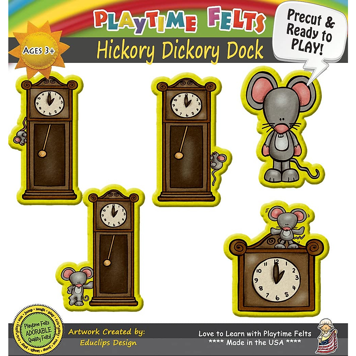 Hickory Dickory Dock Nursery Rhyme Felt Figures | 5 Adorable Felt Board Pieces for Flannel Board Teaching | Perfect for Toddlers, Preschool and Kindergarten - REUSABLE Felt Board Stories