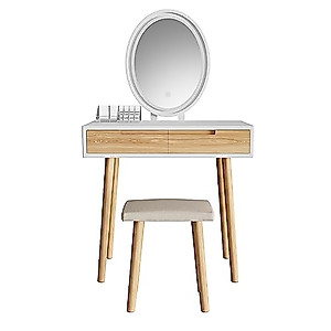 YOURLITE Makeup Vanity Desk with Lights,Small Vanity with Adjustable Brightness Mirror for Samll Spaces,Vanity Desk with Drawers (31.5", Oval Mirror Wood)