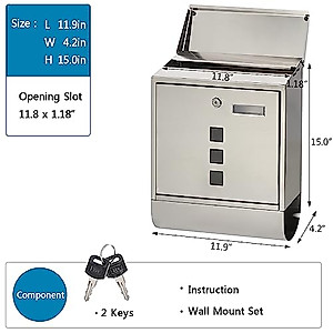 Wall Mounted Mailboxes with Key Lock, Lovndi Large Capacity Drop Mail Locking Box for Outdoor, Lockbox (2210 Stainless Steel)