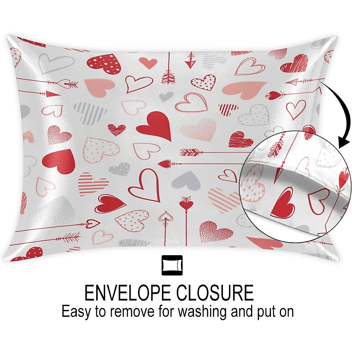 Arrows Heart Satin Pillow Cases Silk Satin Pillowcase for Hair and Skin Standard Set of 2 Super Soft Silk Pillowcase with Envelope Closure (20x26 in)