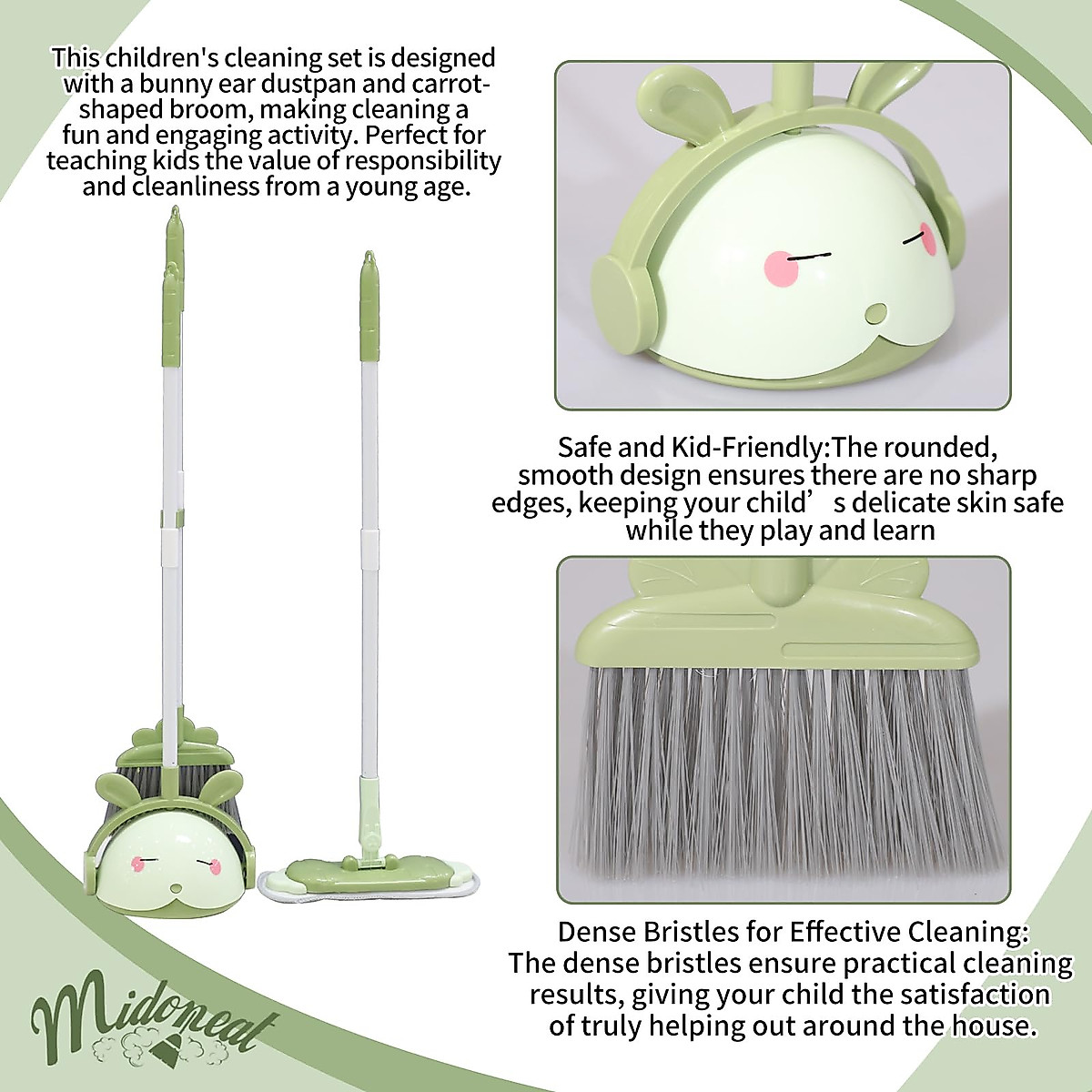 Midoneat Kids Cleaning Toy Set, Mini Child Broom, Mop and Dustpan, Little Housekeeping Helper Set,Pretend Home Cleaning Play Set for Toddler Age 1-5,6pcs (Green)