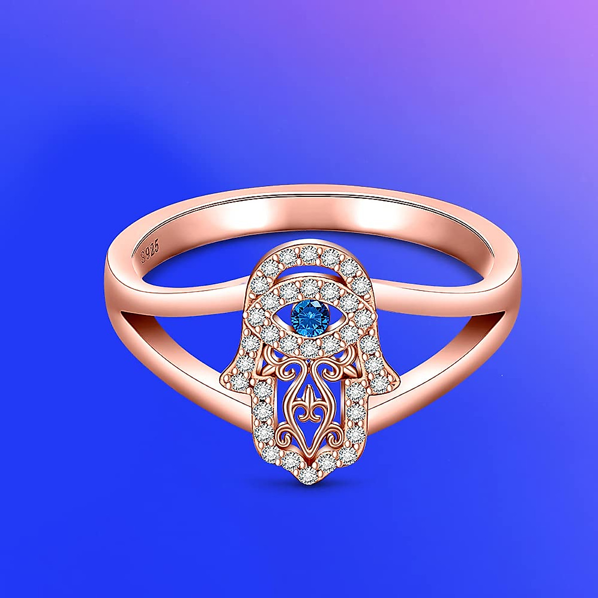 Evil Eye Hamsa Ring Hand of Fatima Rings for Women 925 Sterling Silver Protection Good Luck Spiritual Rose Gold Plated Blue Third Eye Jewelry Dainty Christmas Gifts Size 7