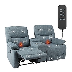 VUYUYU Reclining Sofa, Double Reclining Loveseat with Console, 2 Seater Sofa Home Theater Seating, Fabric Recliner Sofa Couches with Storage and Cup Holders (Blue)