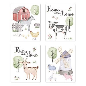 Sweet Jojo Designs Farm Animals Wall Art Prints Room Decor for Baby, Nursery, and Kids - Set of 4 - Watercolor Farmhouse Horse Cow Sheep Pig Home Sweet Home