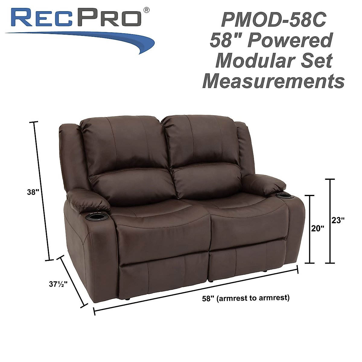 RecPro Charles 58" Powered Double RV Wall Hugger Recliner Sofa RV Loveseat with Upgraded 2023 Fabric (Chestnut)