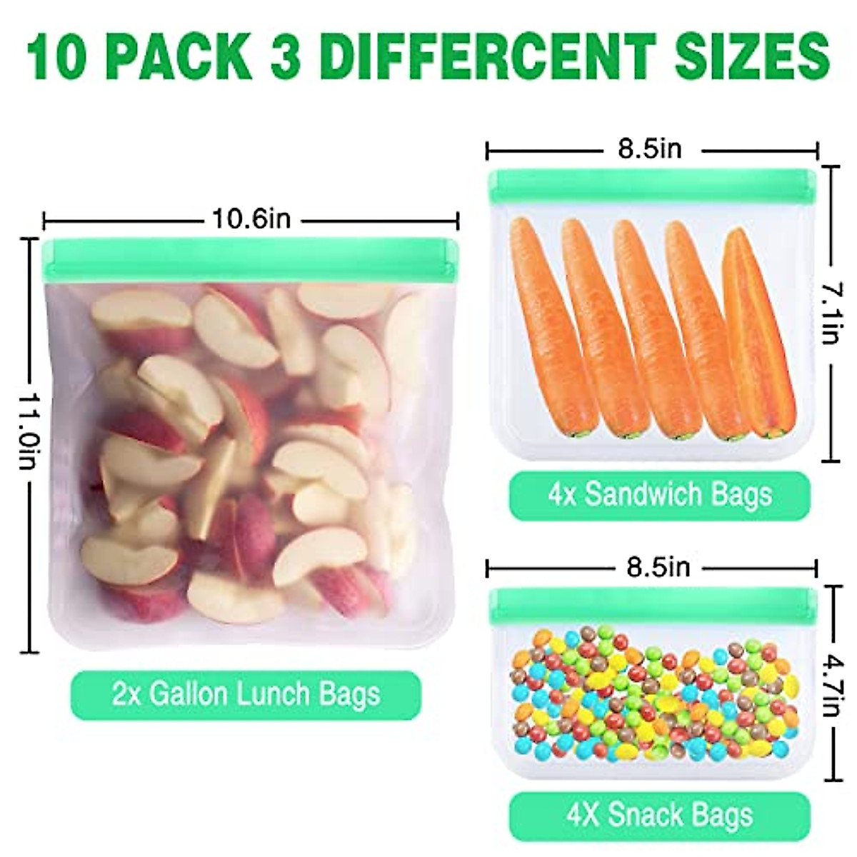 10 Pack Reusable Storage Bags, Reusable Sandwich Bags, Reusable Snack Bags, Leakproof Silicone Freezer Bags, Free Plastic BPA Free Lunch Bag for Meat Fruit Veggies (10 Pack-2 Gallon 4 Sandwich 4 Snack)