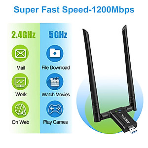 1200Mbps USB WiFi Adapter Wireless Network Adapter for Laptop/Computer/Notebook with Extension Cable and Base, Compatible with Windows 11/10/8/7/XP & Mac OS X