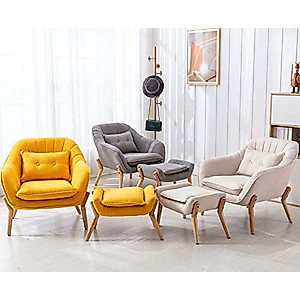 Lei Yu Shunzhi Wood Armchair with Ottoman Mid Century Modern Upholstered Barrel Chair Tufted Living Room Comfy Reading Lumbar Pillow Cushion Leisure Sofa Corner for Small Place, Beige