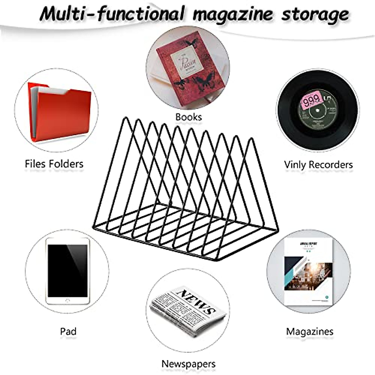 6 Pieces Triangle File Holder Metal Vinyl Record Stand Holder Record Dividers Vertical Vinyl Stand Holder Record Album Holder Magazine Shelf Bookshelf Photography Props for Home Office Decor (Black)