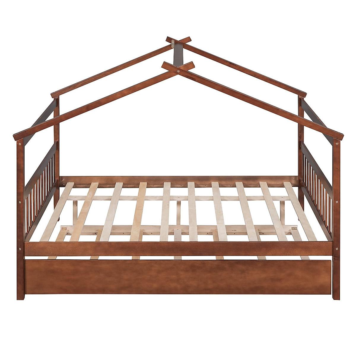 GOWE Full Size Wooden House Bed with Twin Size Trundle, Walnut