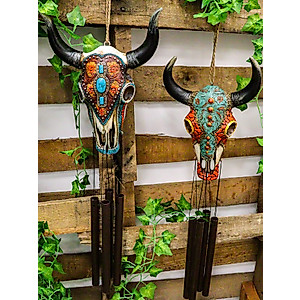 Ebros Gift Pack of 2 Rustic Western Faux Tooled Leather Ornate Bison Cow Skull with Turquoise and Ember Gems Decorative Wind Chimes Garden Patio Mobile Figurines Country Tribal Southwestern Accent