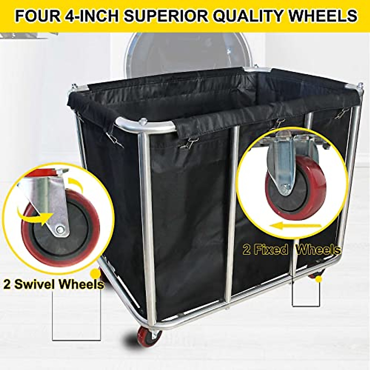 Laundry Cart,Industrial Commercial Large Rolling Laundry Cart Dirty Clothes Bin with Wheels,Heavy Duty Canvas Hamper,11.5 Bushel,260LBS Load Laundry Cart (Black)