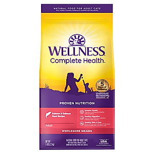 Wellness Complete Health Natural Dry Cat Food with Wholesome Grains, Made in USA with Real Meat (Adult, Salmon & Salmon Meal Recipe, 5-Pound Bag)