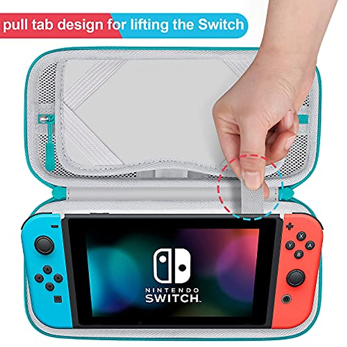 BOVKE Switch Case Compatible with Nintendo Switch/OLED Model, Hard Protective Nintendo Switch Carrying Case with Game Cartridges Storage & Playstand Function, Mesh Pouch for Accessories, Turquoise