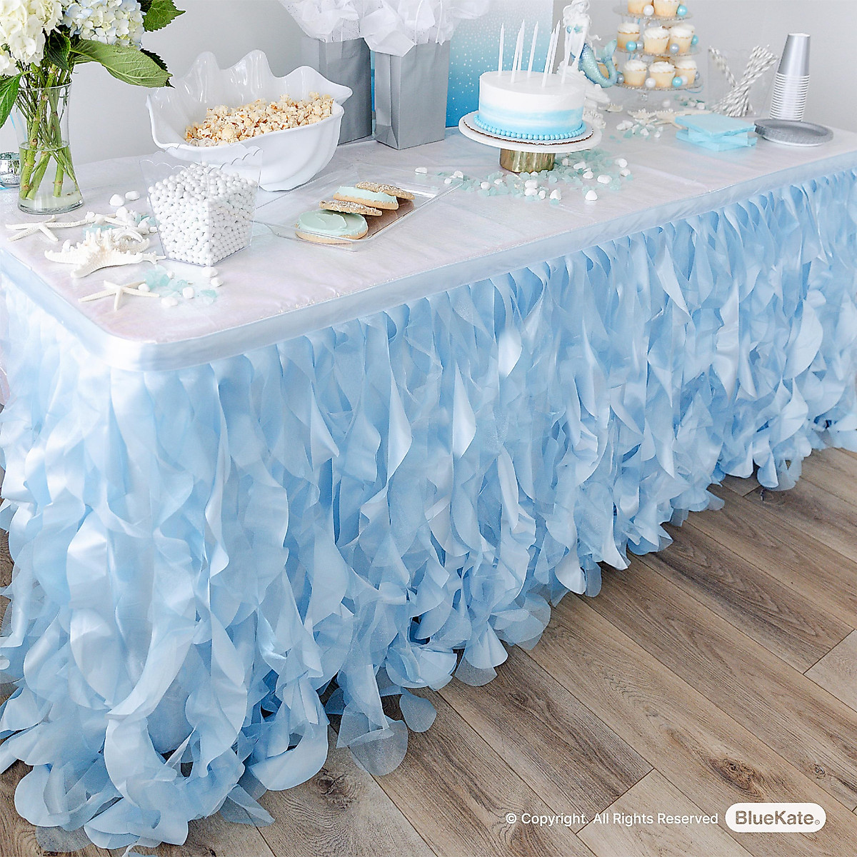 Bluekate Blue Tutu Table Skirt. 6ft Table Skirt with Double Layer Organza Willows for Under the Sea Decorations, 1st Baby Boy Birthday Décor, Elephant Baby Shower Decor, Gender Reveal or Bridal Shower