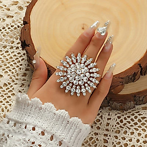 Jojomina Silver Rhinestone Chunky Cocktail Statement Ring for Women Adjustable Crystal Ring for Party Prom Free Size
