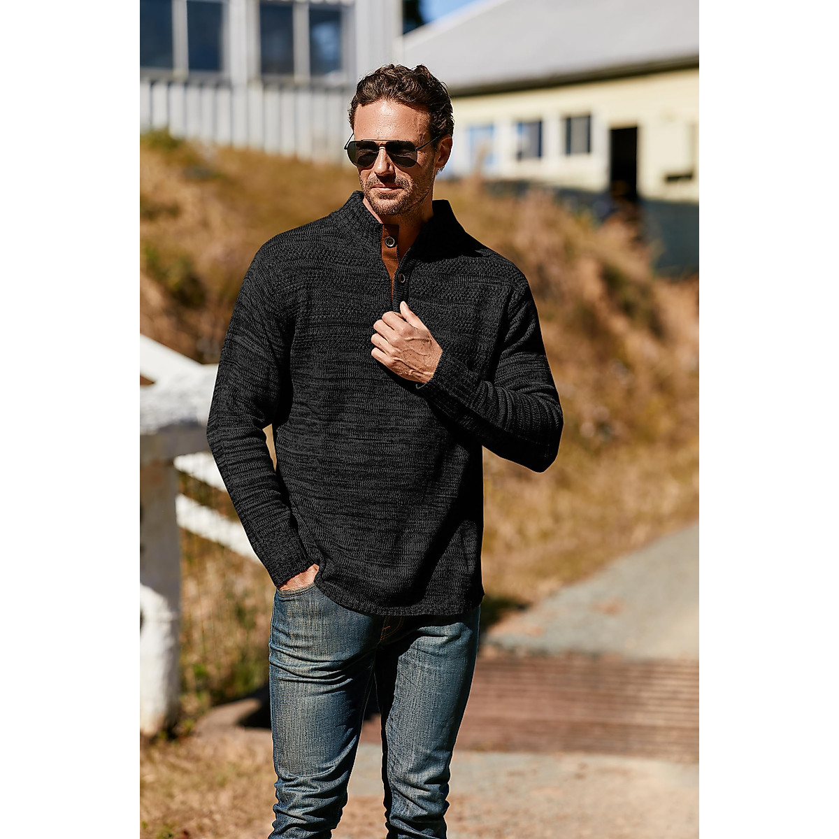 Aoysky Men's Stand Collar Sweater Thermal Button Pullover Sweater Tops Henley Knit Sweaters Black