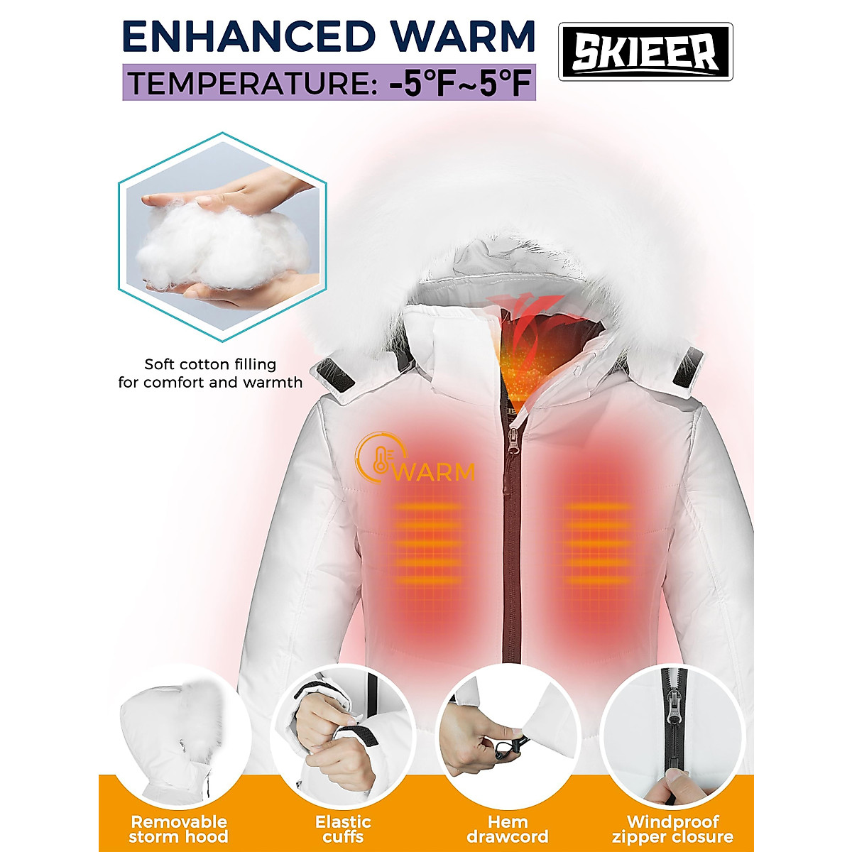 Skieer Women's Snow Jacket Hooded Soft Insulated Winter Ski Snowboard Coat(White,X-Large)