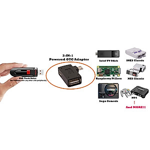 AuviPal 2-in-1 Powered Micro USB to USB OTG Adapter 90 Degree Right Angled for FireStick, S/NES Classic Mini, Sega Genesis and More - 2 Pack