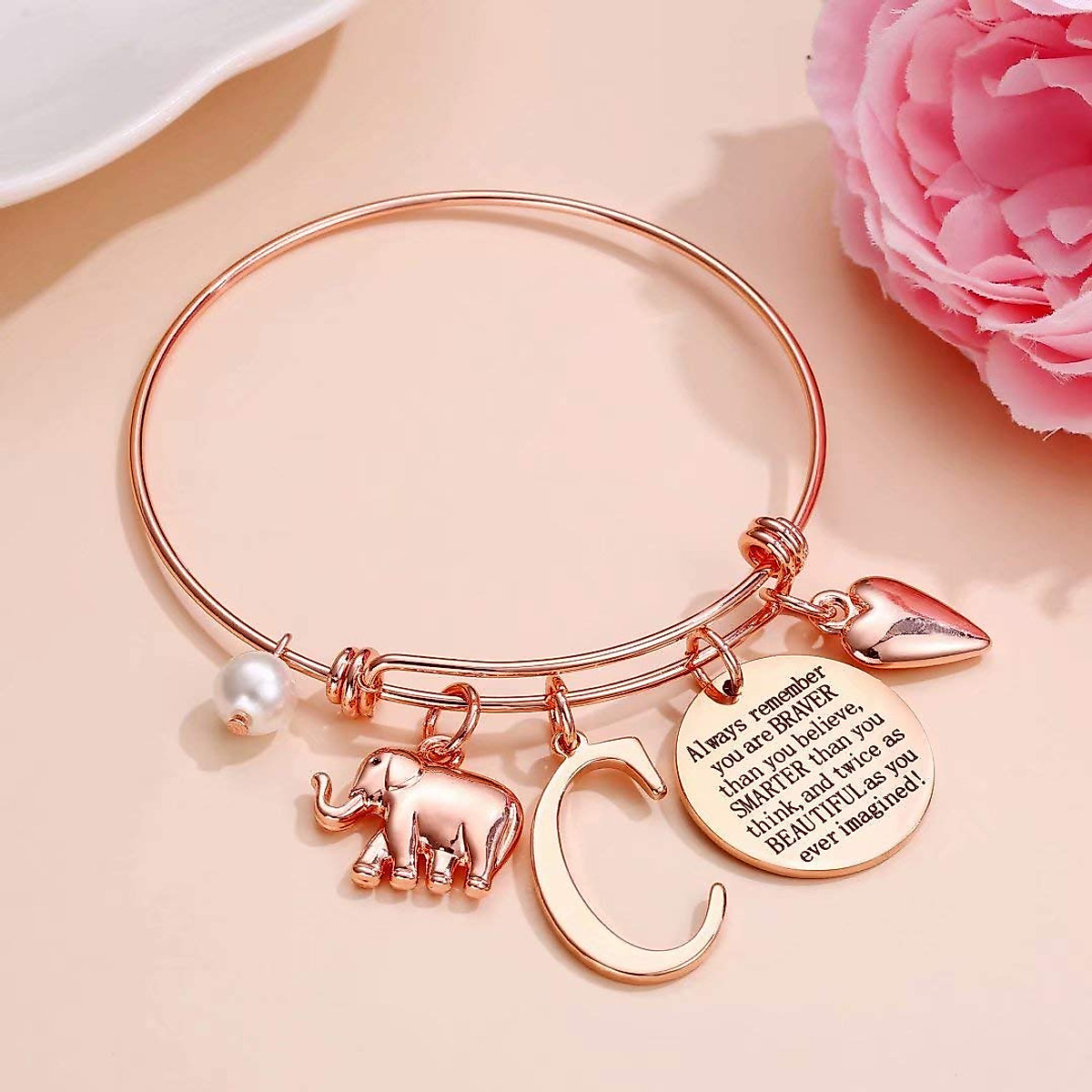 M MOOHAM Elephant Gifts for Women, Letter C Initial Elephant Bracelets for Women Elephant Jewelry, You are Braver than You Believe Inspirational Bracelet Thinking of You Gifts for Women Friends