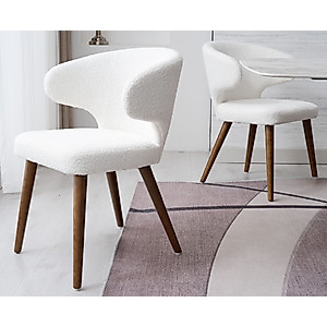 VESCASA Sherpa Modern Dining Chairs with Wood Legs, Upholstered Curved Back Side Chairs for Dining Room/Living Room, Set of 2, White