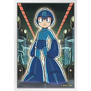 Mega Man Key Art Video Game Video Gamer Classic Retro Vintage 90s Gaming MegaMan Capcom Legacy Collection Megaman 11 Mega Man X Dr Wily White Wood Framed Poster 14x20