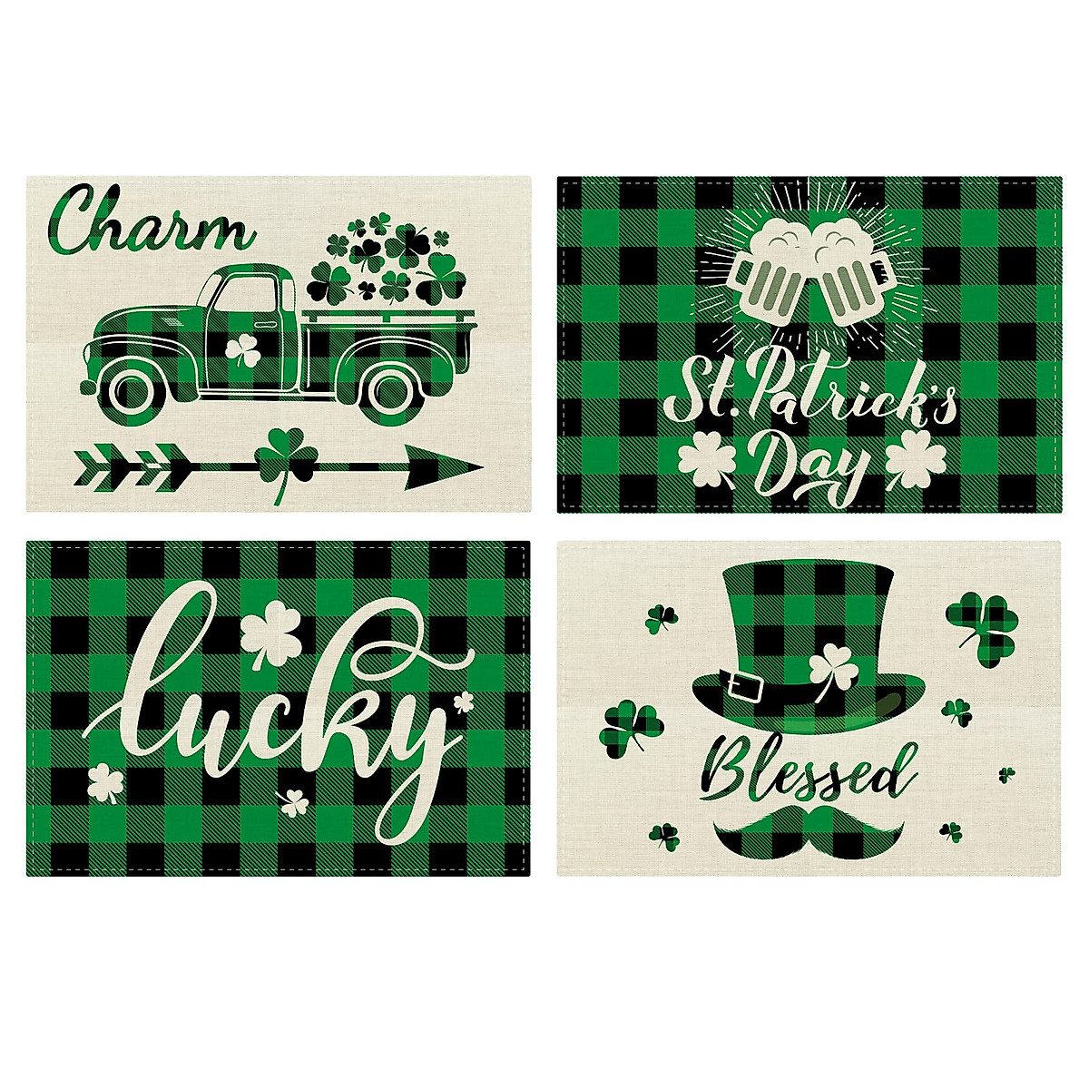 St. Patrick's Day Placemat Buffalo Plaid Place Mats for Dining Table Shamrock Clover Truck Lucky Blessed Charm Holiday Rustic Washable Table Mat for St. Patrick's Day Party Home Decorations Supplies