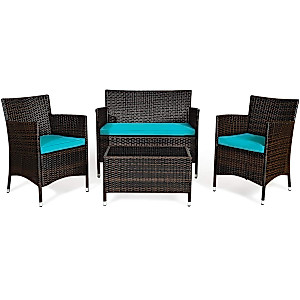 Goplus 4-Piece Rattan Patio Set, Outdoor/Indoor Wicker Conversation Set for Pool, Backyard, Lawn, Wicker Chairs and Sofa with Soft Cushion, Rattan Furniture with Tempered Glass Coffee Table