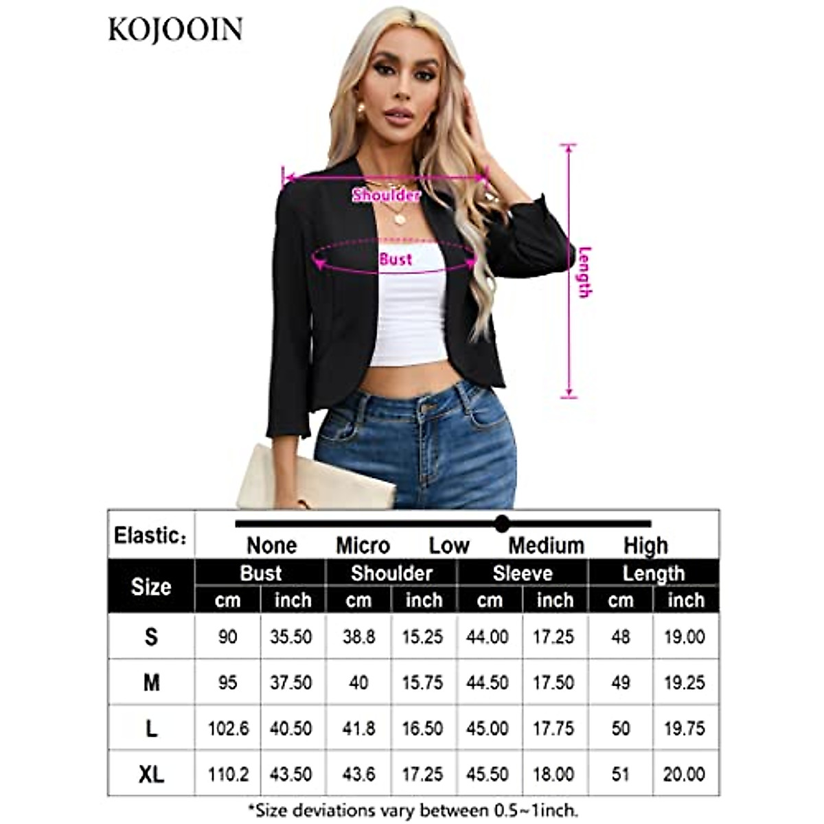 KOJOOIN Womens Fall Fashion 2023 Casual Business Cropped Blazer 3/4 Sleeve Collarless Open Front Ruffle Work Office Cardigan Suit Jacket Shrug Black Small