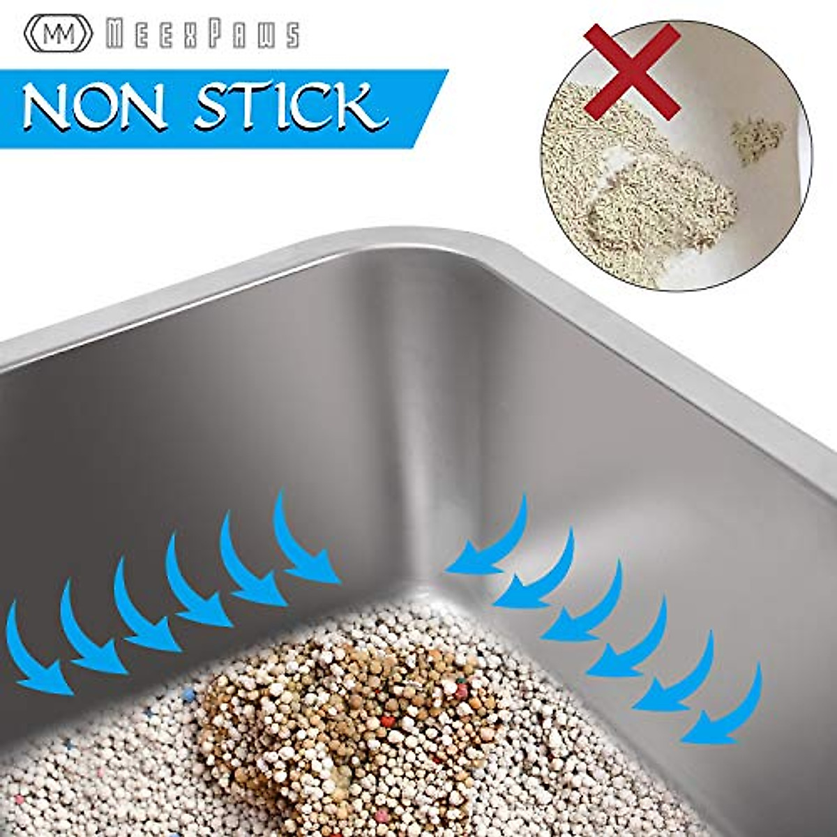 MEEXPAWS Stainless Steel Litter Box for Cats (18”×14”×4”) | Non Stick | Odor Control |Metal cat Litter Scoop | Cat Litter mat | Splash Guard | Easy Clean