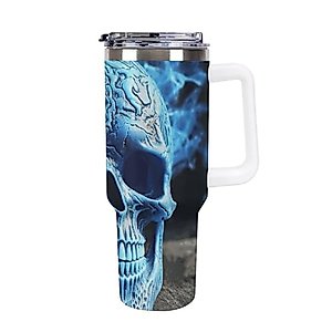 LLUTSNTH 40 Oz Vacuum Tumbler with White Handle Leakproof Insulated Tumbler 3D Print Blue Skull Stainless Steel Travel Mug with Lid And Straw Coffee Cup Cute Water Bottles Cup Holder Friendly