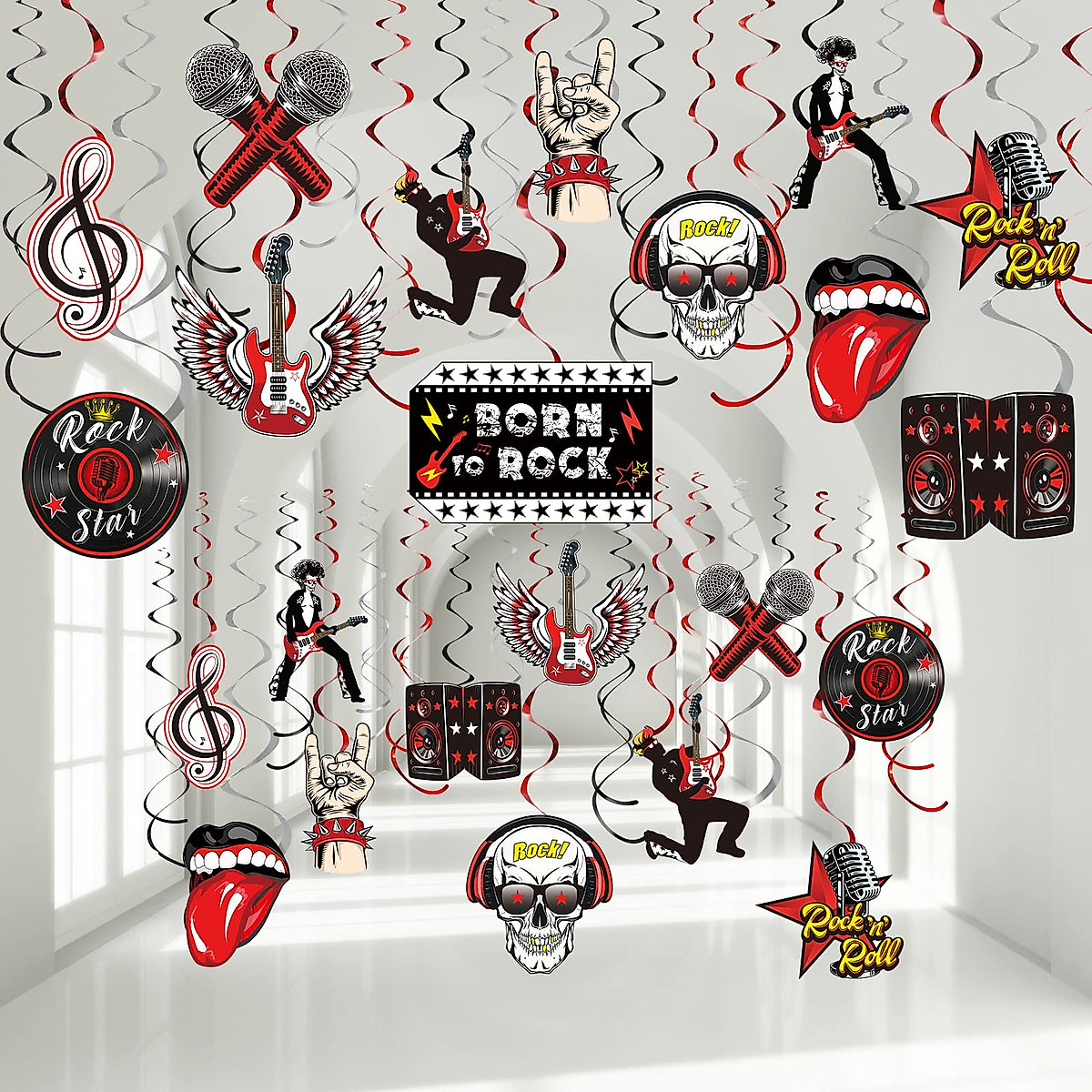Zonon 53 Pieces Rock and Roll Theme Party Decorations, Guitar Record Sign Rock Star Music Party Hanging Swirls Ceiling Decor for 50's 60's Rock Music Theme Party Favors Supplies
