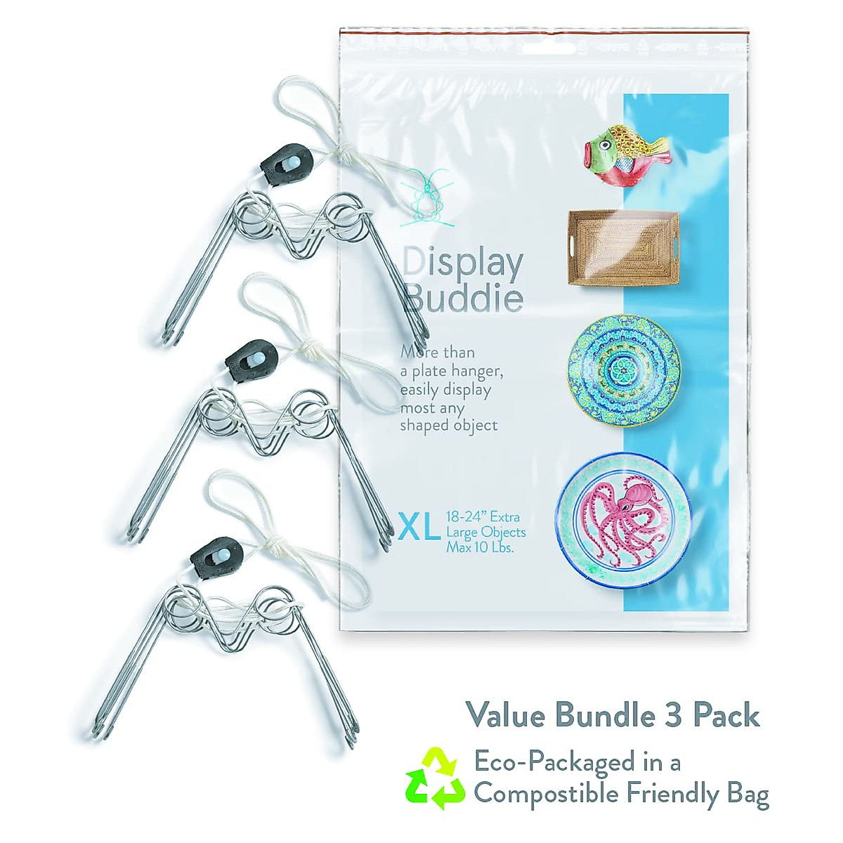 Display Buddie 3-Pak Extra-Large Adjustable Plate Hanger for Plates, Platters, Bowls & Oval, Square, Rectangular Objects up to 18"-24" Diameter and up to 10 lbs…