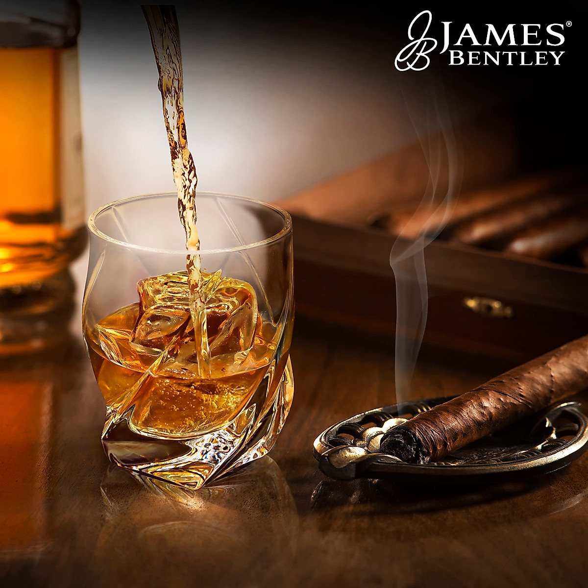 JAMES BENTLEY Glass Vride Heavy Tumbler – Elevate your Drinking Experience with our Whiskey Set of 2 Hand Blown, Double Wall Glass Tumbler (9.5oz) with Ice Mold Tray - Whiskey Glasses for Men