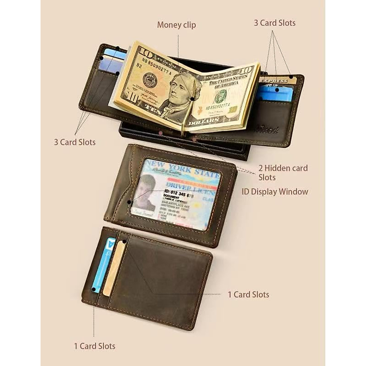 kinzd Slim Wallet with Money Clip RFID Blocking Minimalist Bifold Wallet for Men Genuine Leather Front Pocket Card Holder (AS137 - Crazy Horse Leather Dark Brown)