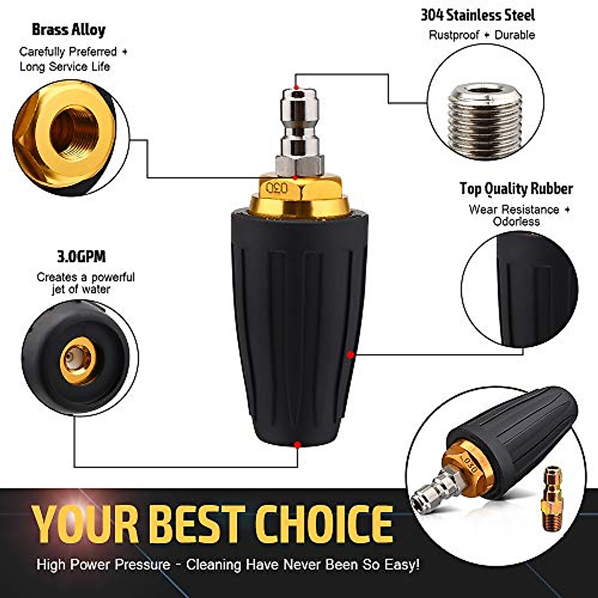 OneBom Turbo Nozzle 3000psi, 3.0GPM Turbo Spray Nozzle Rotating Pressure Washer,3.0 Orifice,with 2PCS 1/4’’ Quick Connect Plug for Car Garden Cleaning