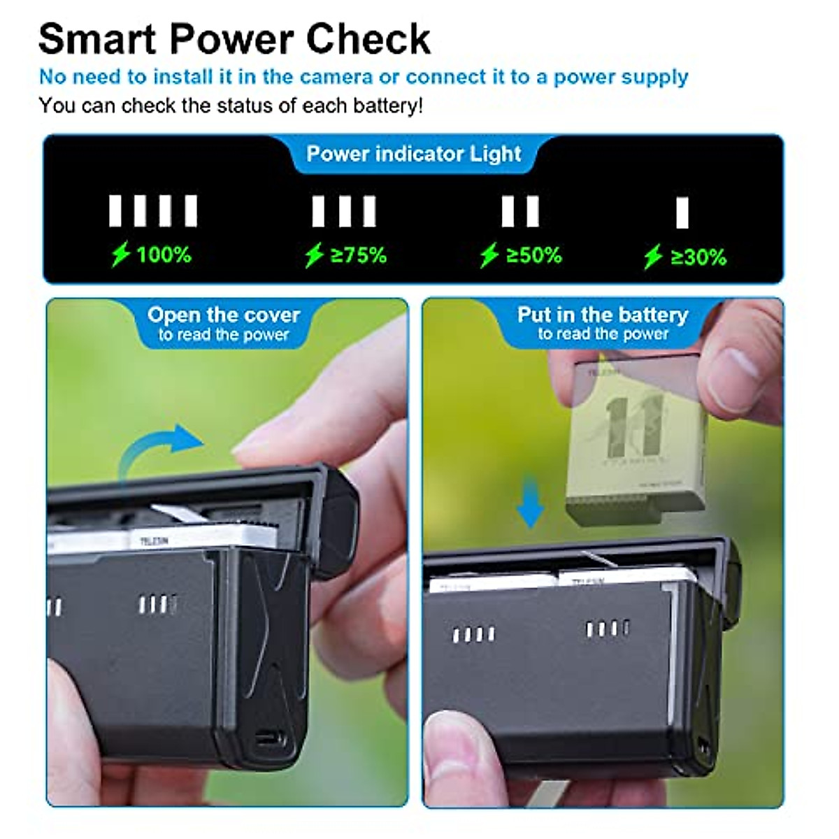 TELESIN New Pocket Battery Charger with Smart Power Indicator Side Charging Port for GoPro Original Enduro and Standard Go Pro Hero 11 Hero 10 Hero 9 Black Batteries