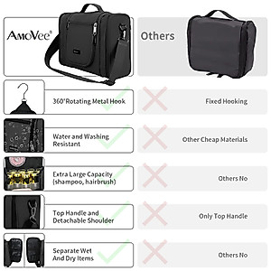 AmoVee Hanging Toiletry Bag for Women and Men, Extra Large Travel Cosmetics Bag, Portable Organizer Bathroom Shower for Hygiene Bag/Toiletries/Makeup, Black