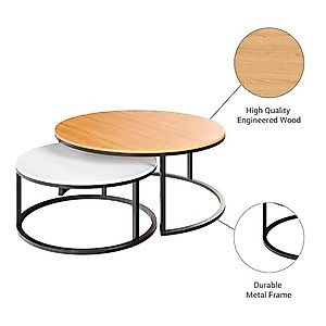 ODIKA 31.5'' Modern Round Nesting Coffee Tables (Set of 2), Stacking Living Room Accent Tables with Industrial Wood Finish & Metal Frame, Brown/White Tops, Space-Saving, Easy Assembly & Cleaning