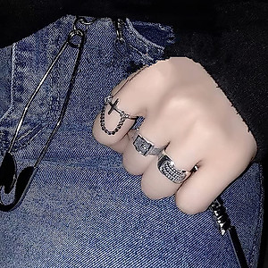 HUJUON 10-17Pcs Gothic Punk Rings Set,Vintage Chain Finger Rings Adjustable Alloy Biker Obsidian Chain Open Rings Knuckle Stackable Midi Ring Joint for Women (10pcs)