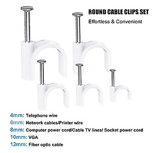 Attmu 500 Pack Cable Clips White Cable Wire Clips ​Management with Steel Nails 4mm 6mm 8mm 10mm 12mm Ethernet Cable Nails Round Cable Wire Tacks for Cat6 Rg6, Rg59, Rj45 Cable, White