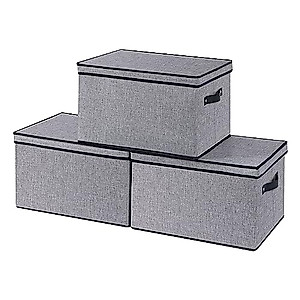 YheenLf Fabric Storage boxes,Storage Baskets for Shelves with Lids, Fabric Storage Bins with Handles, Decorative Linen Closet Organizers Boxes,Medium, Gray, 3-Pack