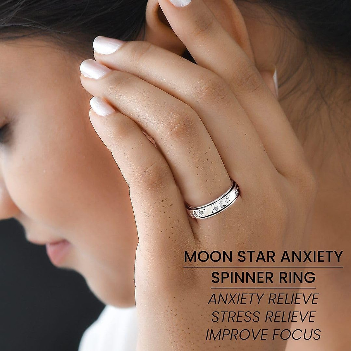 Shop LC 925 Sterling Silver Fidget Ring Men Spinner Ring Moon Star Anxiety Ring for Women Wedding Band Platinum Plated Statement Jewelry Stress Relief Bridal Engagement Rings Size 8 Birthday Gifts