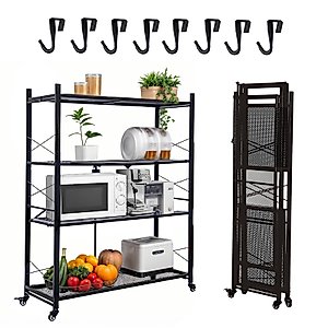 4-Tier Folding Storage Shelves Garage Shelving Unit Foldable Heavy Duty Metal Wire Shelving Organizer Standing Storage Rack Shelf No Assembly with Wheels for Kitchen Pantry Bathroom (4-Tier)
