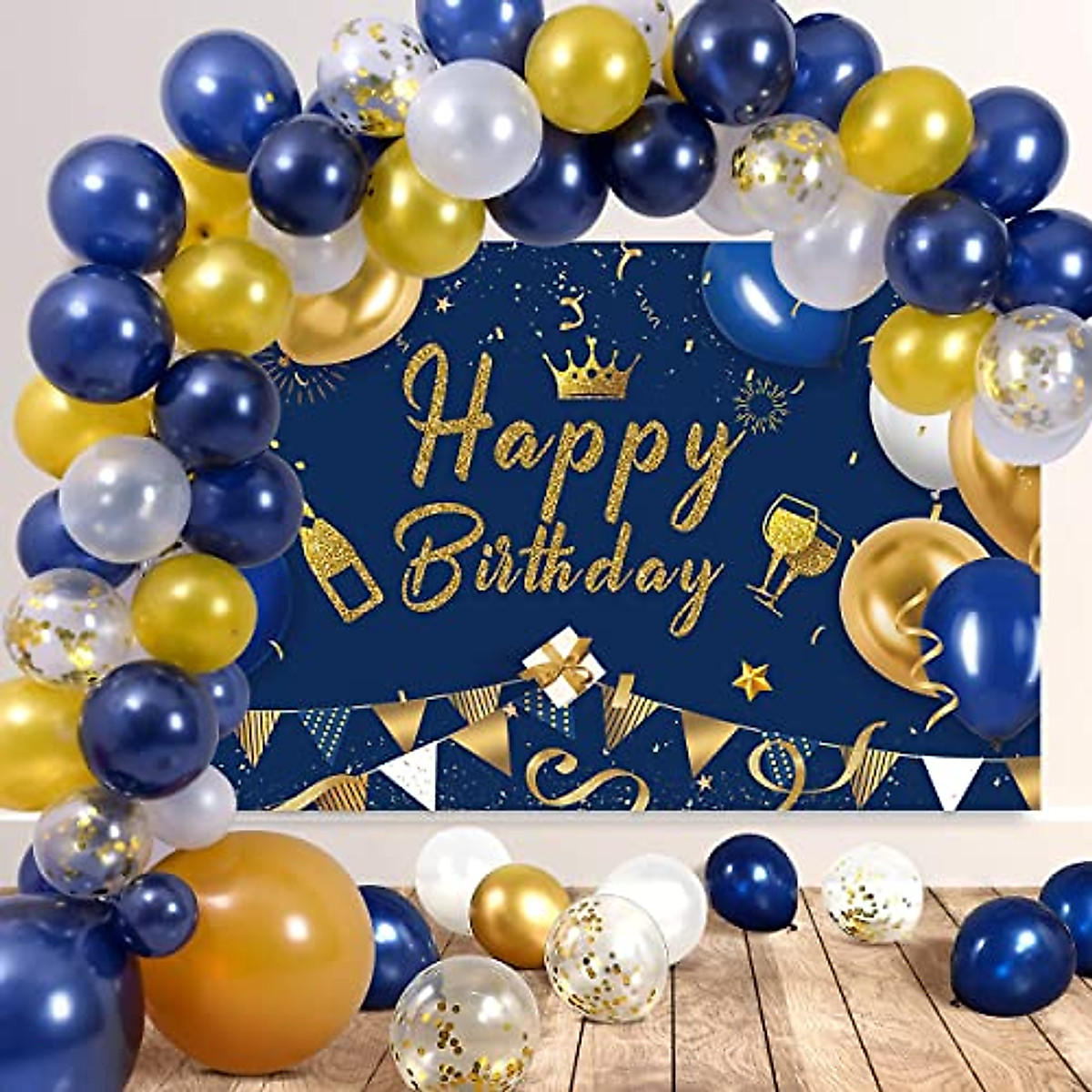 MOVINPE Navy Blue Gold Birthday Party Decorations, Birthday Photography Backdrop Banner Party Tablecloth Confetti Balloons Arch Garland Cake Topper for Bday Party Supplies Deocr