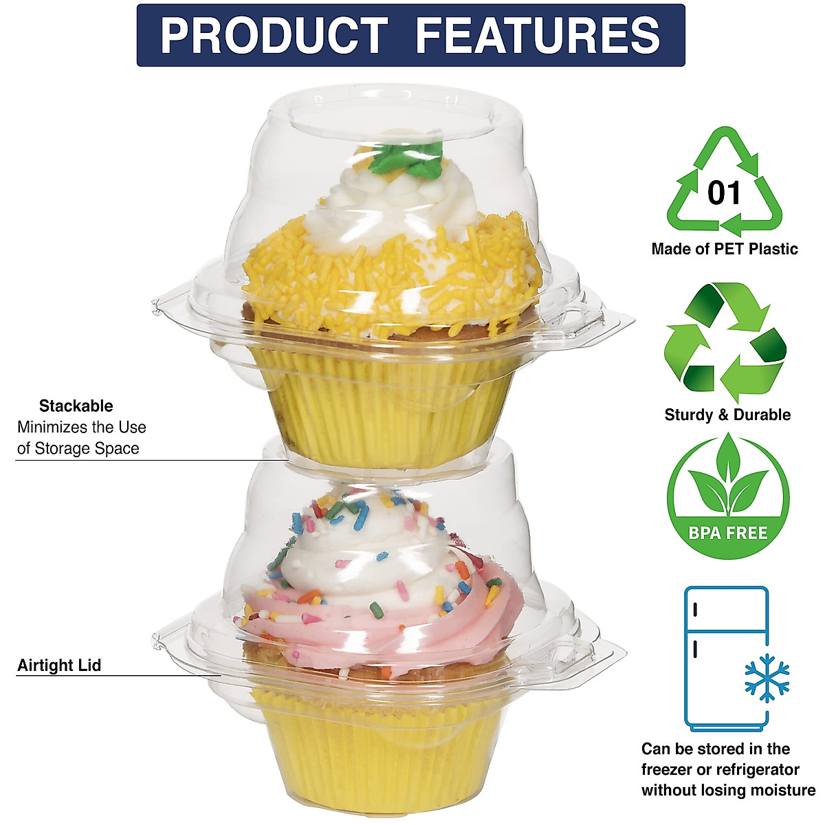 MUSENTIAL 50-Pack Individual Cupcake Containers, Stackable Single Compartment Disposable Carrier Holder Box with Airtight Dome Lid, BPA Free (50 Count)